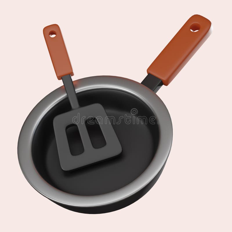 3D Render, Cooking Pan with Spatula for Kitchenware and Culinary Design ...