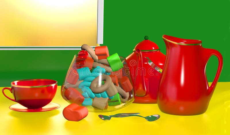 3d Illustration of Crazy Red Creative Tea Set with Kettle Cup and Candy ...