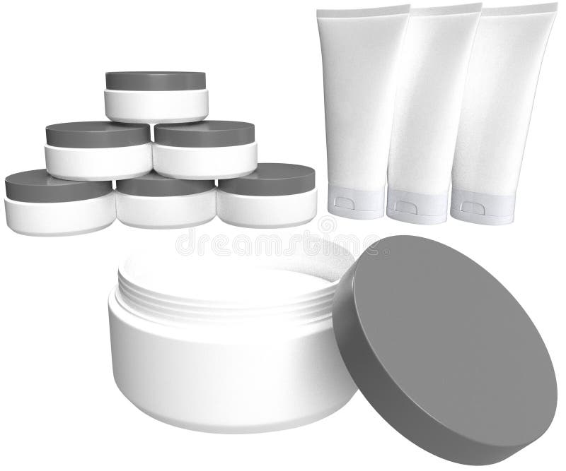 3D Illustration - Cream Jars and Cream Tubes - One Jar with an Open Lid ...