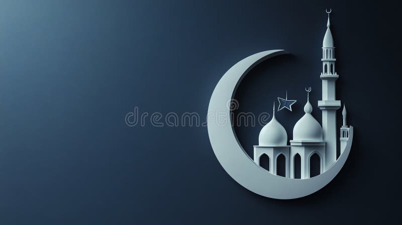 3D Illustration - Crescent Moon, Star, and Mosque on Dark Blue ...