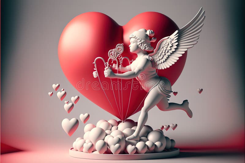 3D-illustration Cupid with Heart Shape Balloon and Doves. Generative AI ...