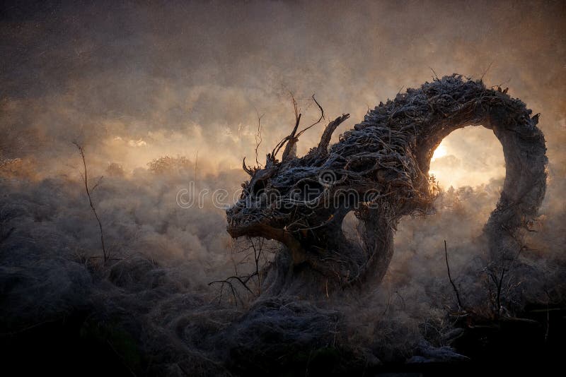 3D Rendering of a Cursed Dragon Turned into a Tree Stock Illustration ...