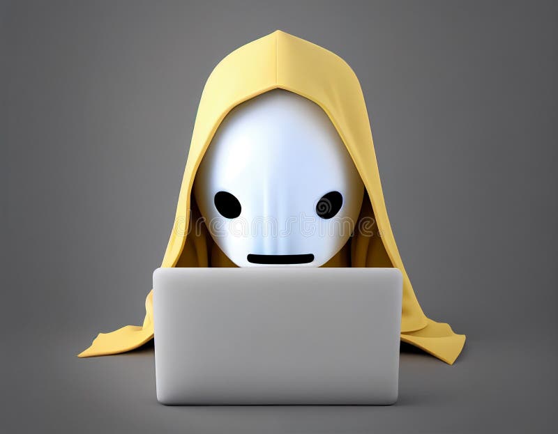 Cute Anonymous Hacker with Yellow Hoodie Using Computer Laptop. Concept ...