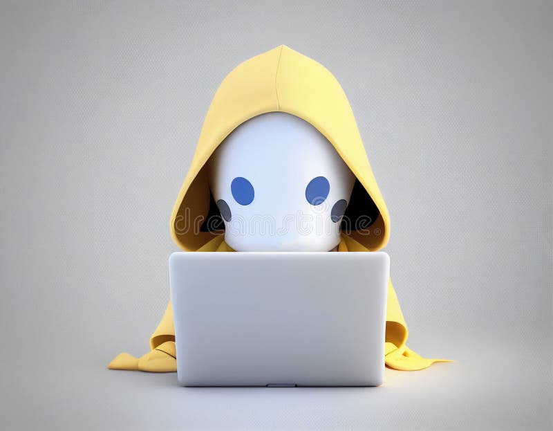 Cute Anonymous Hacker with Yellow Hoodie Using Computer Laptop. Concept ...