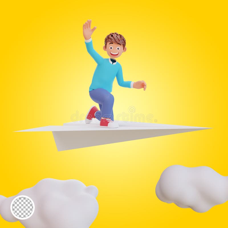 3d Illustration Cute Boy Sit on Paper Plane Stock Photo - Illustration ...