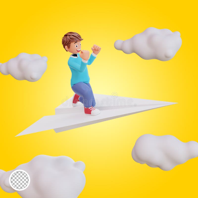 3d Illustration Cute Boy Sit on Paper Plane Stock Image - Illustration ...