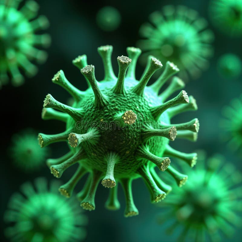 3D Illustration of Dangerous Green Virus Cells Under Microscope. Neon ...