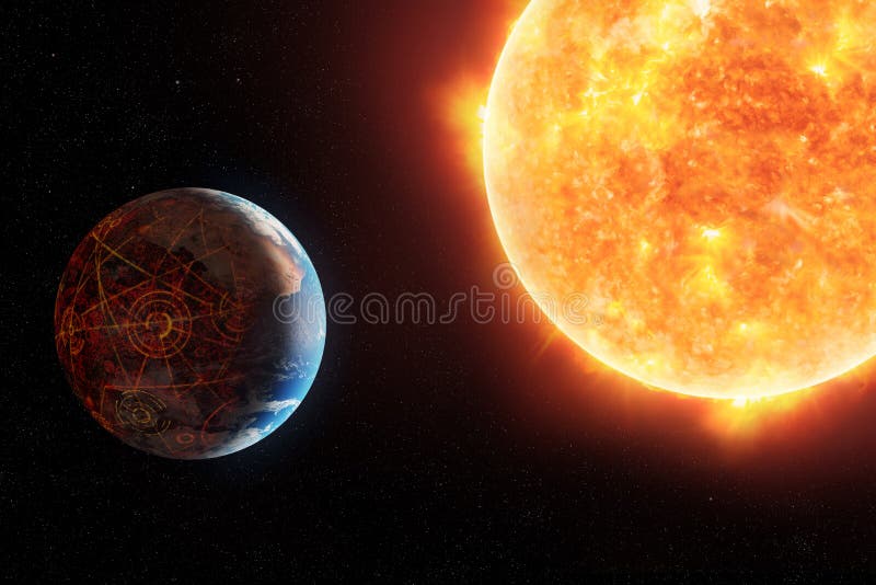 3D Illustration of Dangerous Sun and Future Earth Stock Illustration ...
