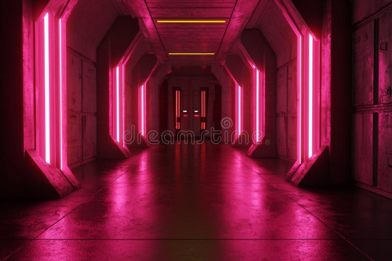 3D Illustration of a Dark Room with a Futuristic Sci-fi Backdrop. Stock ...