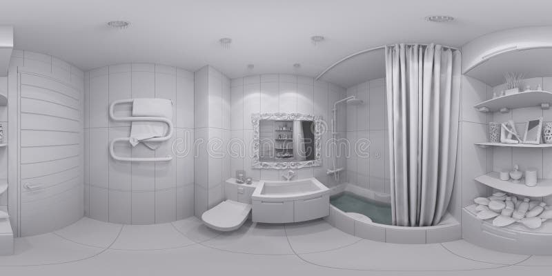 3d Illustration 360 Degrees Panorama of Bathroom Stock Illustration ...