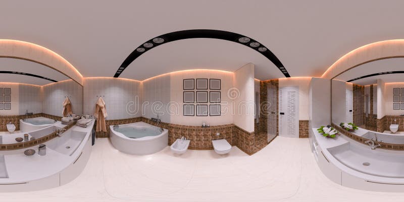 3d Illustration 360 Degrees Panorama of Bathroom Stock Illustration ...