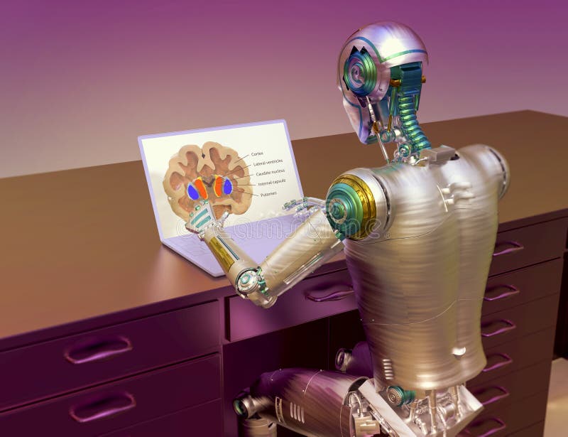 A 3D Illustration Depicting a Humanoid Robot Working with a Laptop ...