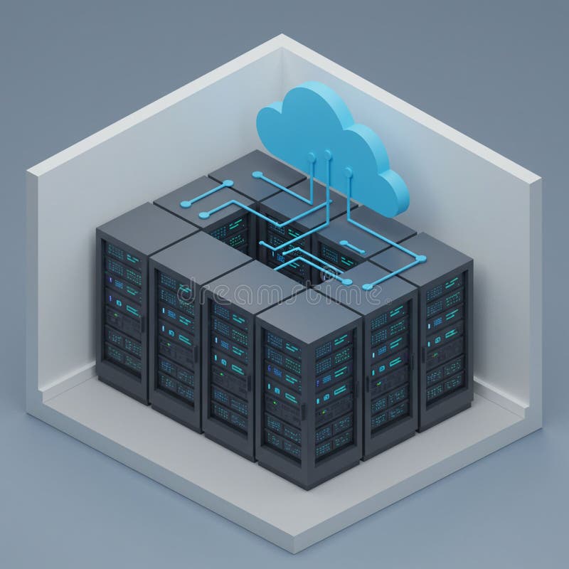 A 3D Illustration Depicting a Small Data Center with Multiple Server Racks Arranged in a Stock ...