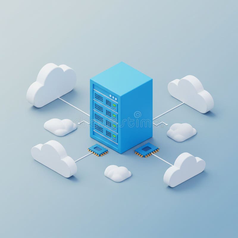 A 3D Illustration Depicts a Blue Server Tower Connected To White Cloud Symbols, Stock ...