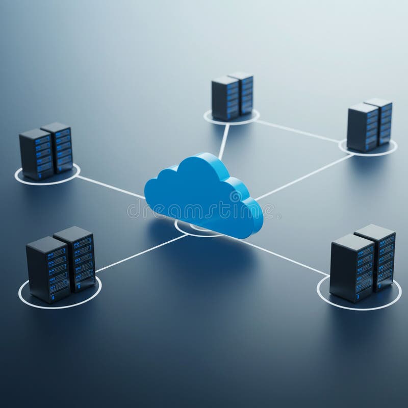 A 3D Illustration Depicts a Cloud Computing Network. a Central Blue ...