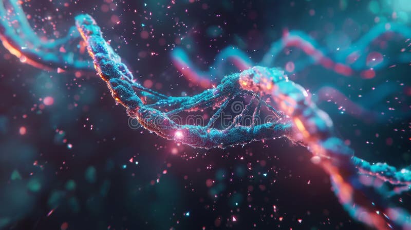 A 3D Illustration Depicts a Glowing Blue DNA Helix with Light Particles ...