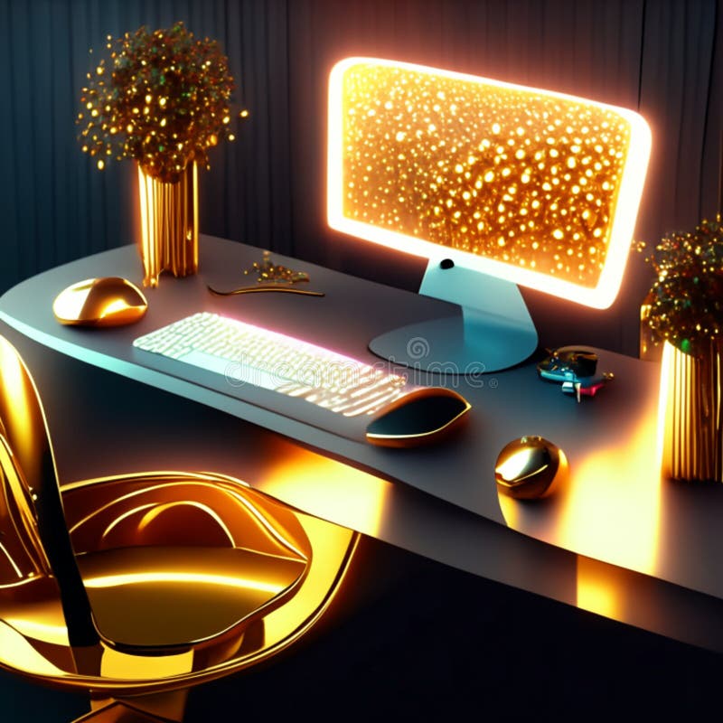 3d Illustration of a Desktop Computer with a Gold Screen and a Plant on ...