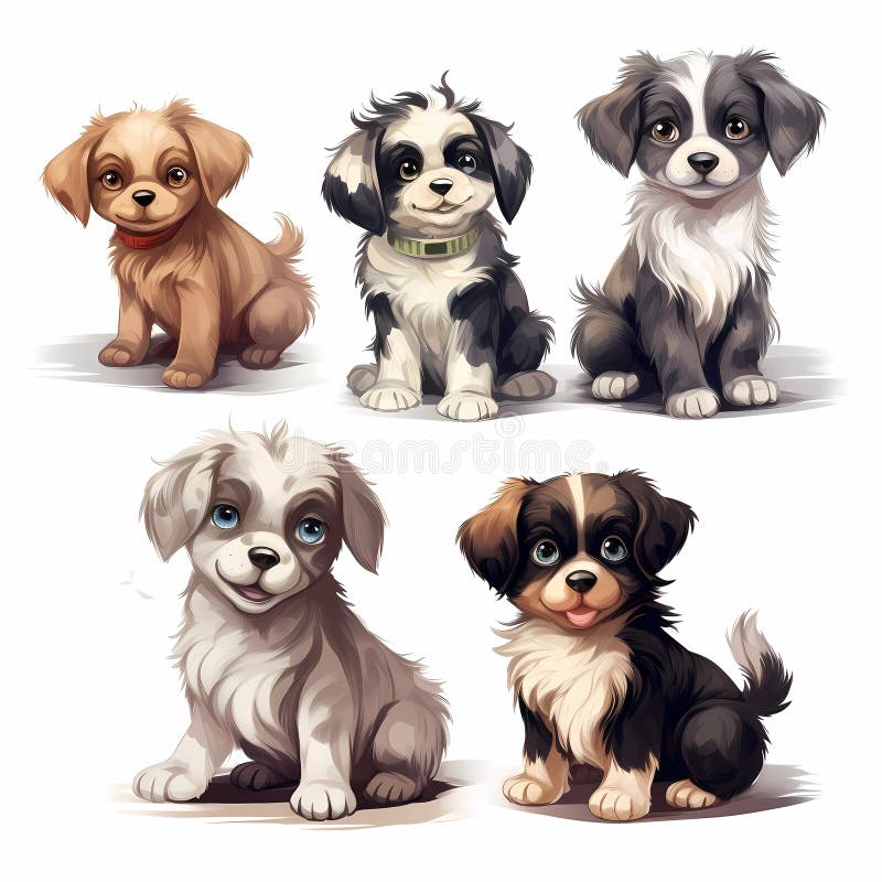 2D Illustration: Different Cute Dogs on a White Background Stock ...