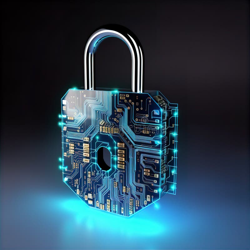 3D Illustration Digital Padlock Locked Computer Chip Cyber Security ...