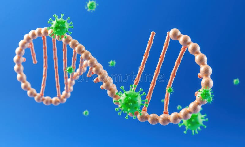 3D Illustration of DNA Helix Intertwined with Green Viruses, Showcasing ...