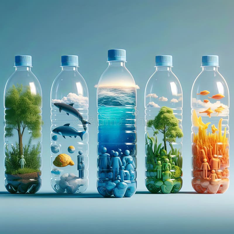 3D Illustration of Ecosystems Trapped in Plastic Bottles Highlighting ...