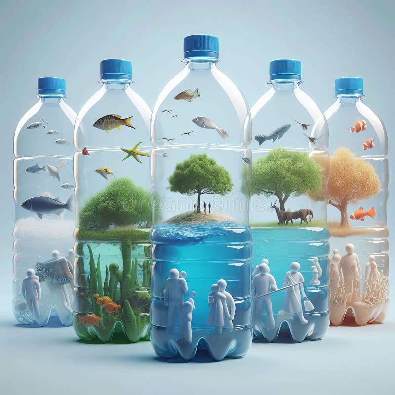 3D Illustration of Ecosystems Trapped in Plastic Bottles Highlighting ...