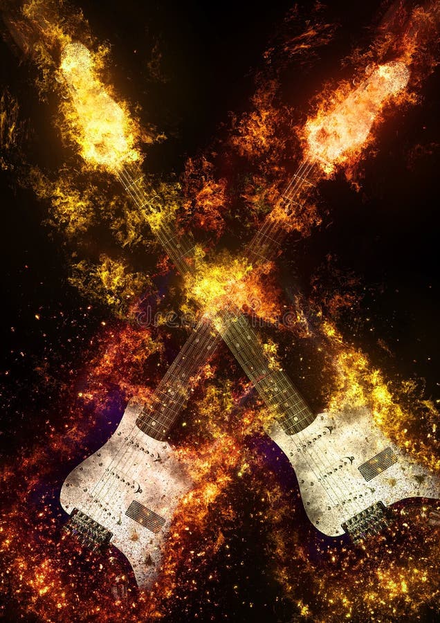 3d Illustration of Electric Guitar with Exploding and Burning Flames ...