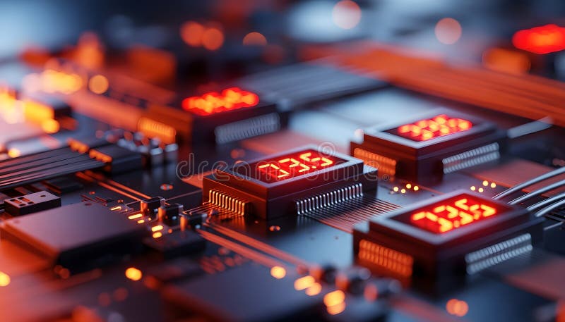 Electronic Circuit Board with Glowing Chips and Red Digits Captured ...