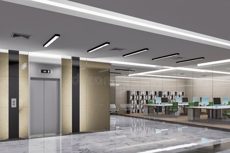 3D Illustration Elevator and Workspace in Modern Office Building Stock ...