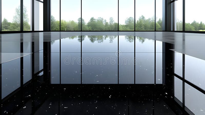 3D Illustration Empty Room Black Floor Window Reflection Trees Modern ...