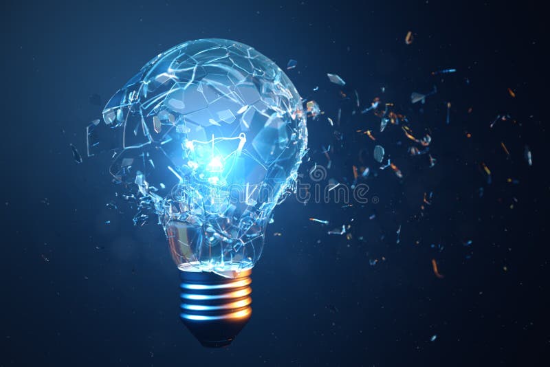 3D Illustration Exploding Light Bulb on a Blue Background, with Concept ...