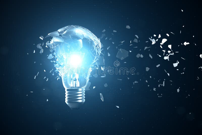 3D Illustration Exploding Light Bulb on a Blue Background, with Concept ...