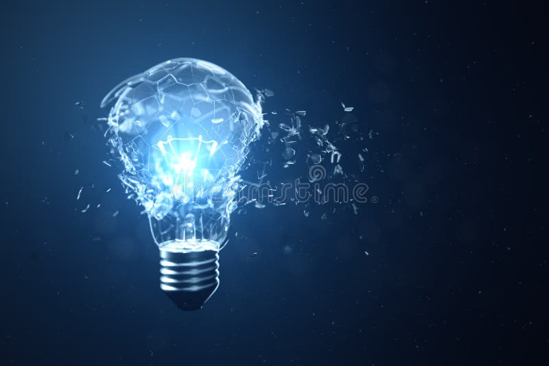 3D Illustration Exploding Light Bulb on a Blue Background, with Concept ...
