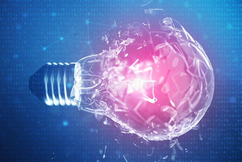 3D Illustration Exploding Light Bulb on a Blue Background, with Concept ...