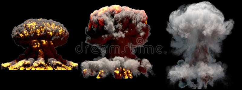 3D Illustration of Explosion - 3 Large Different Phases Fire Mushroom ...