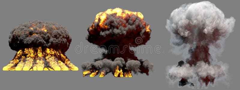 3D Illustration of Explosion - 3 Huge Different Phases Fire Mushroom ...