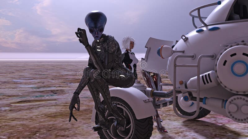 Illustration of Two Human and Alien Women Near Motorcycles Being ...
