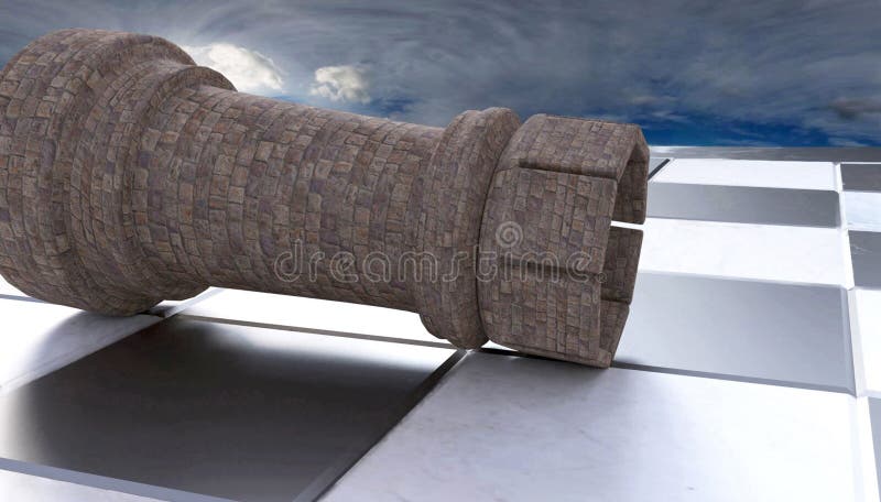 3D Illustration of a Fallen Tower on a Half Glossy Chessboard with the ...