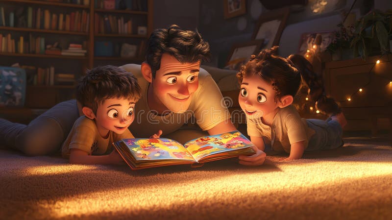 3D Illustration Family Reading Book Night Stock Illustration ...
