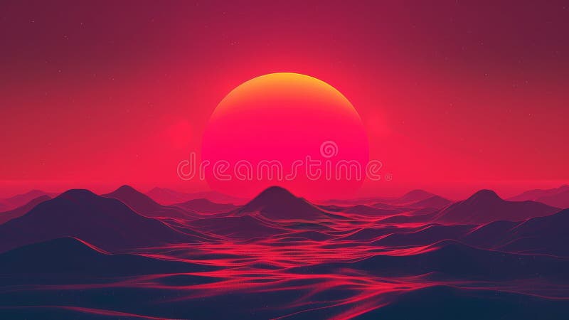 3D Illustration of a Fantasy Landscape with Mountains and a Red Sun ...