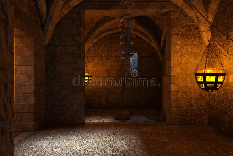 3D Illustration of a Dark Medieval Underground Dungeon with Cage ...
