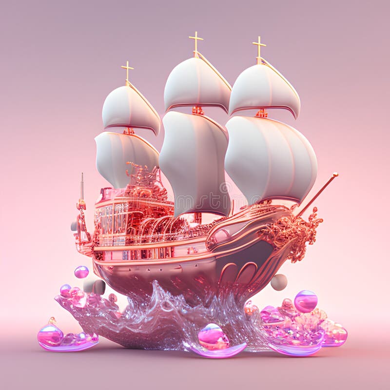 3d Illustration of a Fantasy Ship with Sails on a Pink Background Stock ...