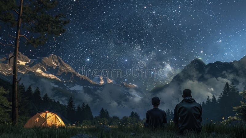 A 3D Illustration of a Father and Child Setting Up Camp Under a Starry ...