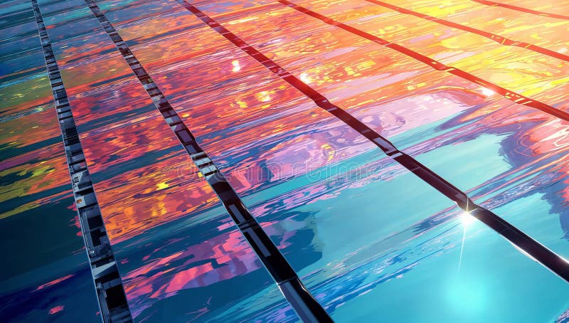 Abstract Background with Solar Panels and Reflection in Water, 3d ...