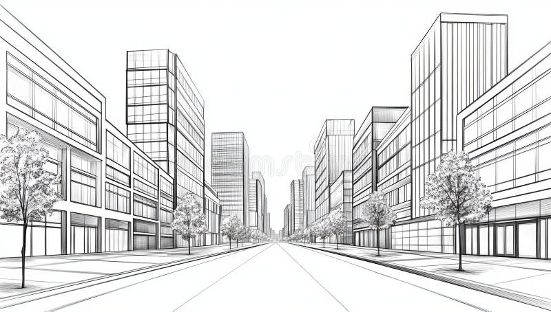 A 3D Illustration Featuring Line Art Depictions of Urban Architecture ...