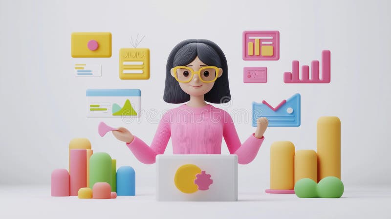 A 3D Illustration of a Female Character Presenting Data Charts and ...