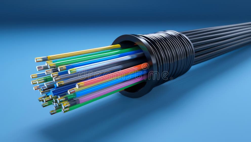 3D Illustration of Fiber Optic Network with High-speed Data Connection Cable on a Cloudy ...
