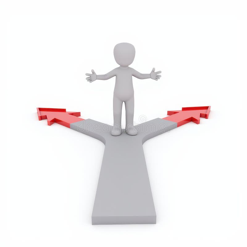 3D Illustration of a Figure Facing a Choice between Two Divergent Paths ...