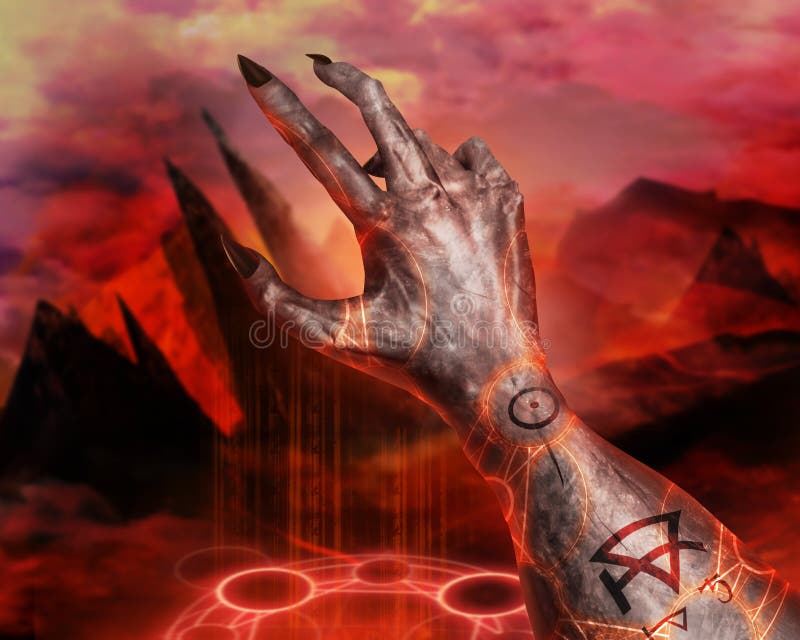 3D Illustration of a First Person View Demonic Hand Magic. Stock ...