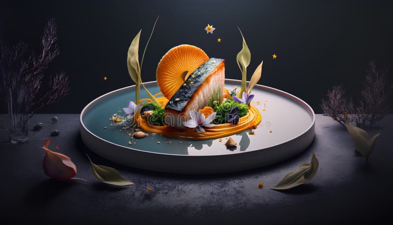 3d Illustration of a Fish on a Plate Decorated with Edible Flowers ...
